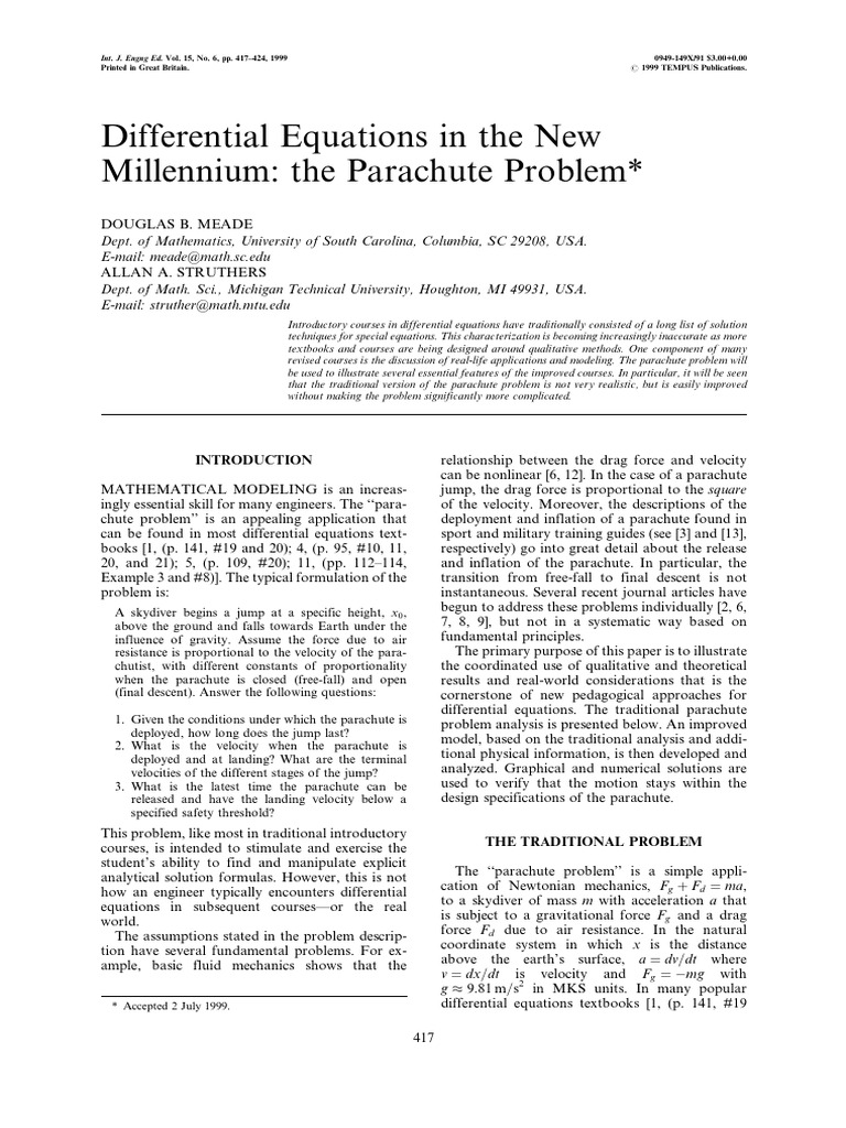 Differential Equations in The New Millennium: The Parachute Problem ...
