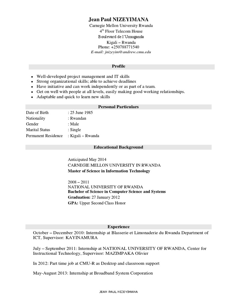 Jean Paul Resume | PDF | Rwanda | Carnegie Mellon University