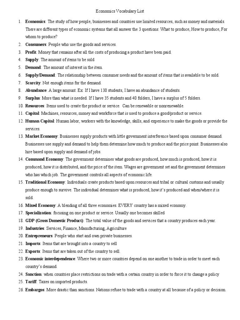 Essential Economics Vocabulary List | PDF | Economic Surplus | Economics