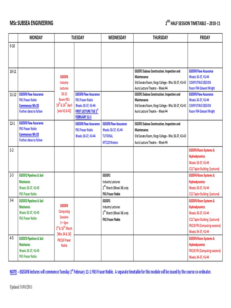 MSc Subsea Engineering Timetable 2010-11 | PDF