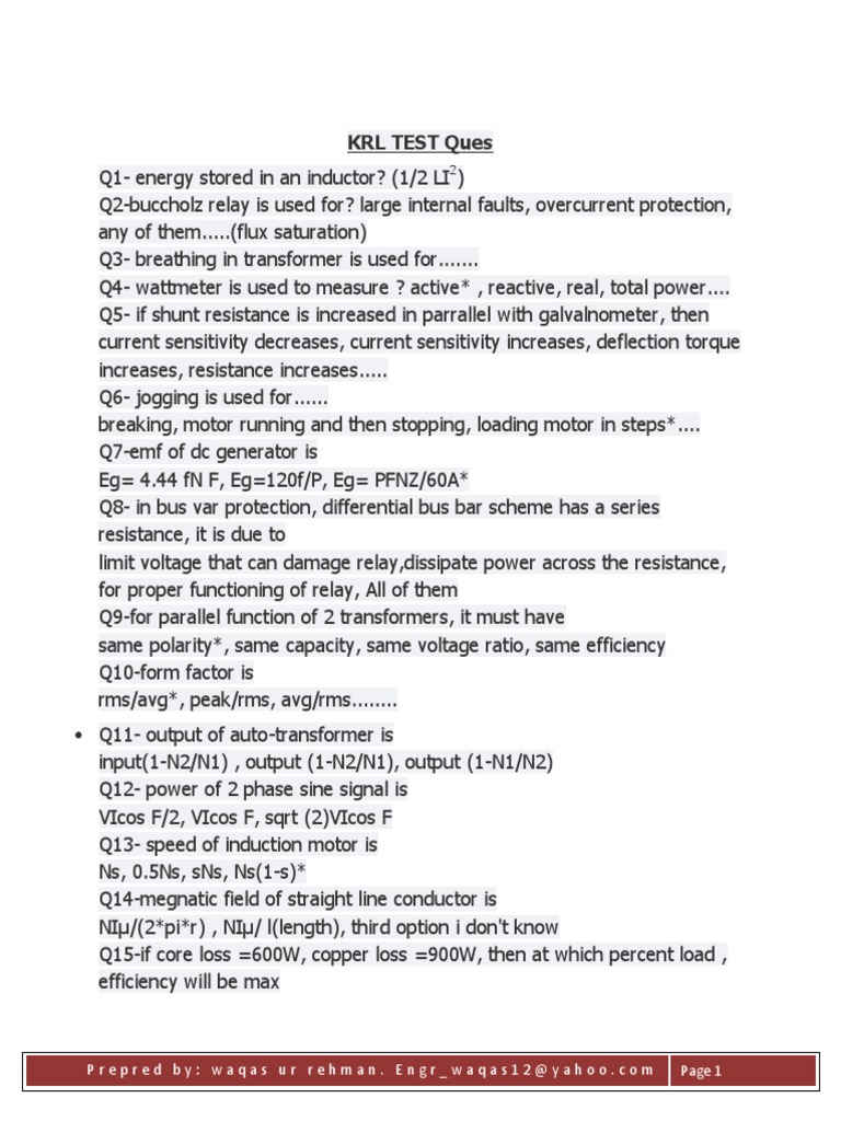 KRL Test For EE | PDF | Electric Motor | Transformer