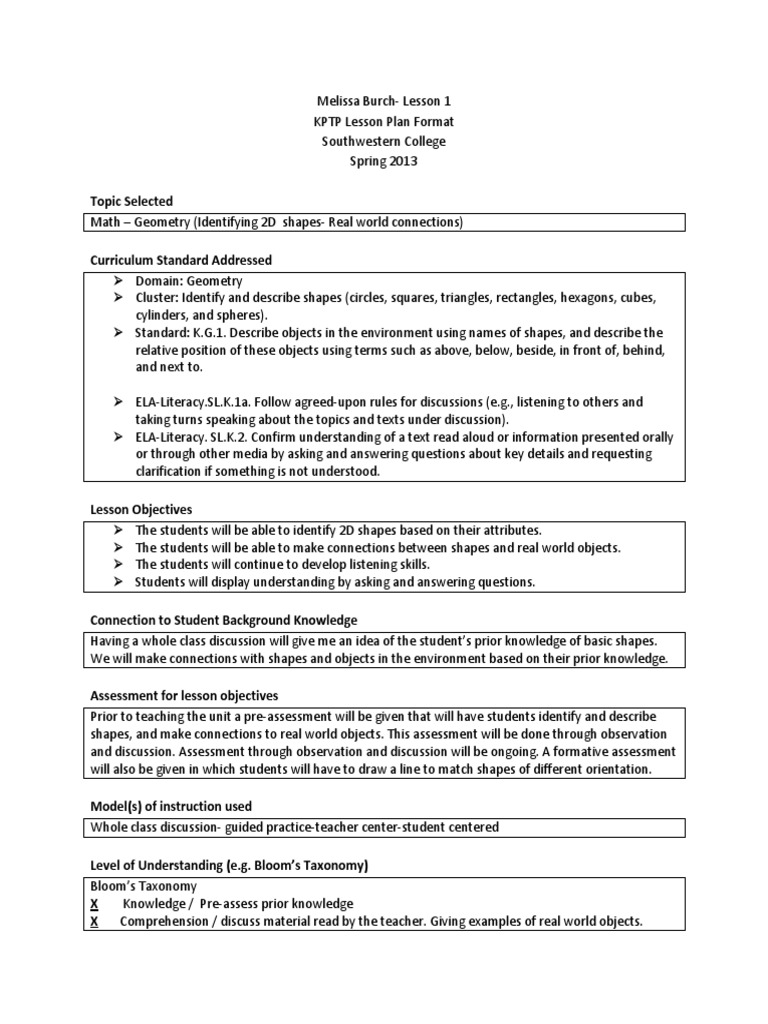 Geometry Lesson Plan: Identifying 2D Shapes | PDF | Reading ...