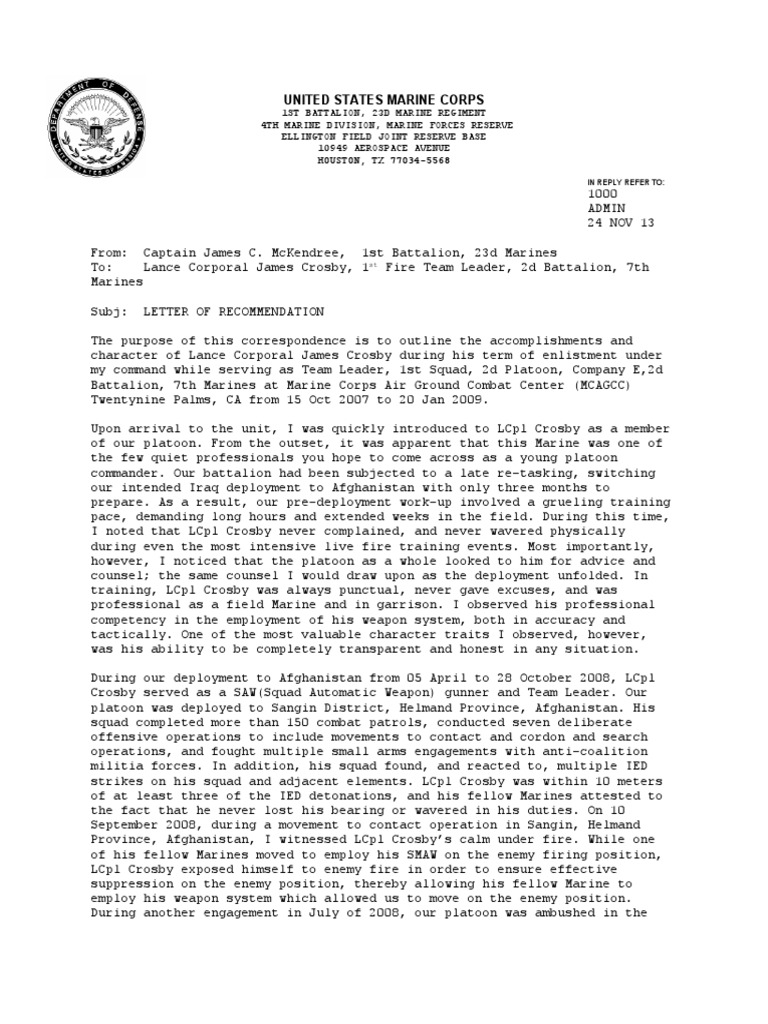 lcpl james crosby letter of recommendation | United States Marine Corps ...