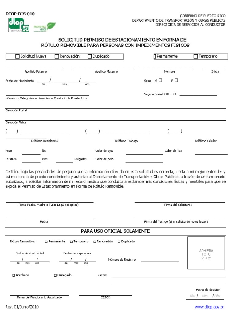 Dtop-Dis-010 Sol Permiso Estacionamiento Rotulo Impedidos | PDF | Fibromialgia | Especialidades ...
