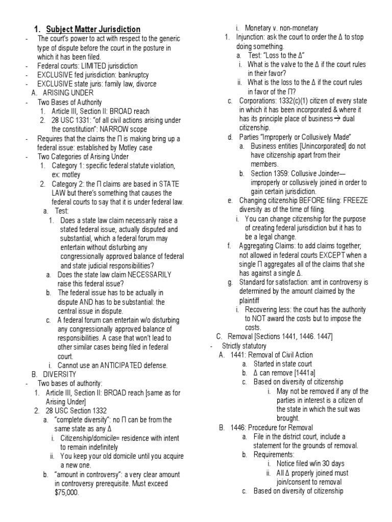 Attack Outline for Civil Procedure | Diversity Jurisdiction | Federal ...