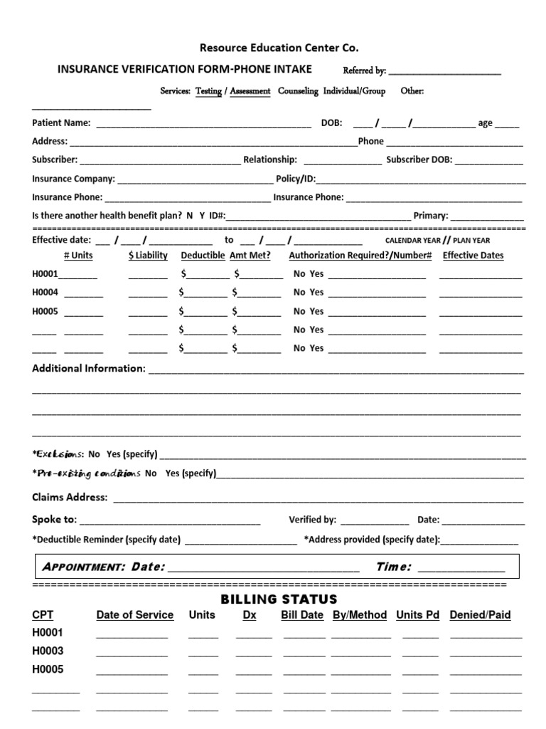 Insurance Verification Phone Intake Form | PDF