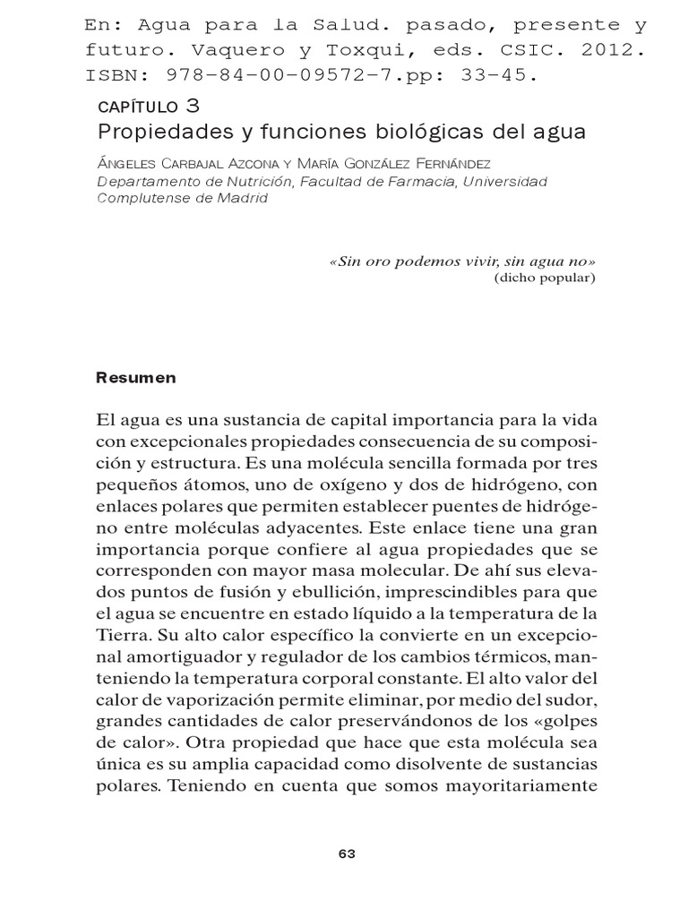 Funciones Biológicas Del Agua | PDF