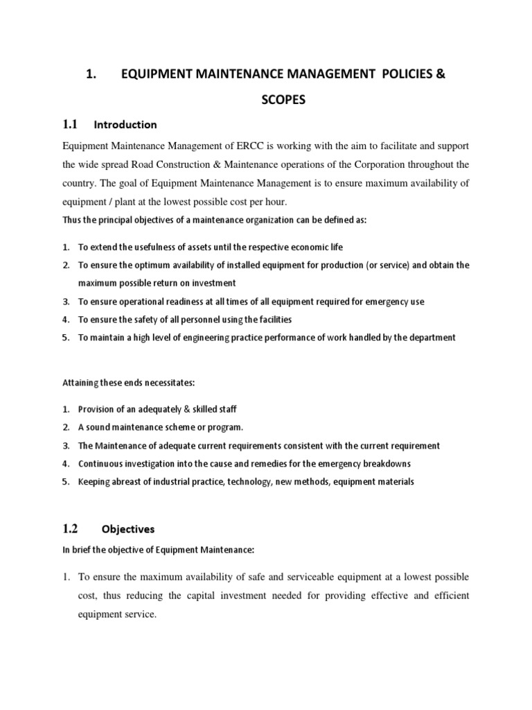 Equipment Maintenance Management Policies & Scopes | Download Free PDF ...