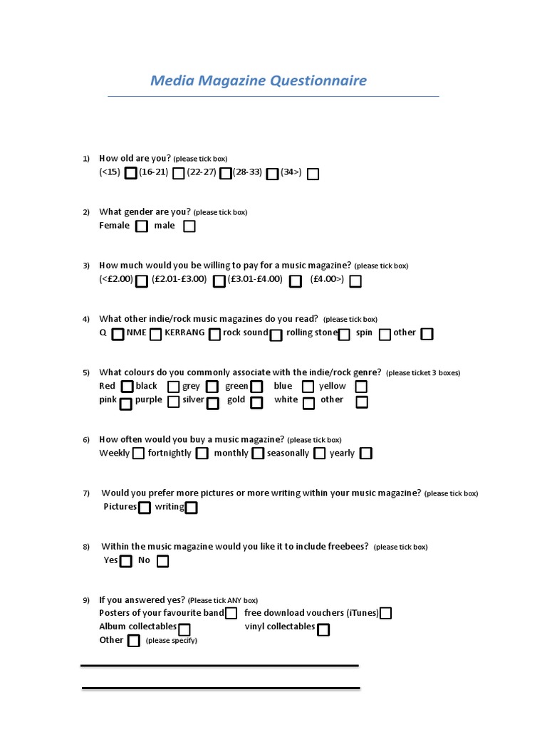 Indie Rock Magazine Survey Questionnaire | PDF | Sports & Recreation ...