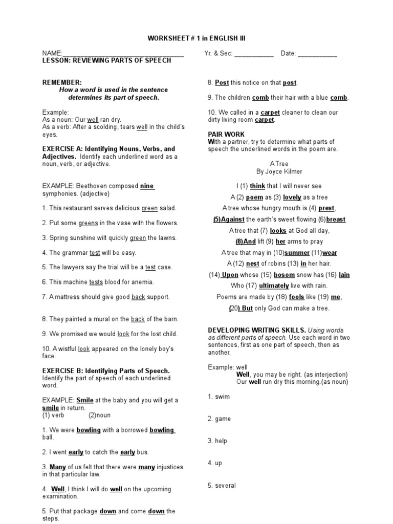 Parts of Speech Review Worksheet | PDF | Part Of Speech | Adjective