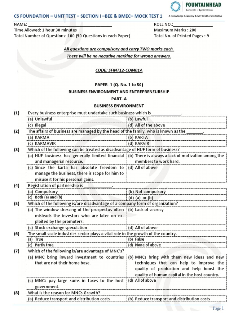 mock-test paper for CS Foundation | Franchising | Entrepreneurship
