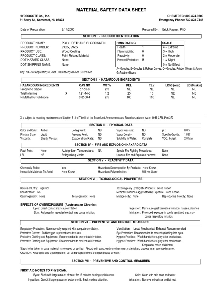 Hydrocote Polyurethane Safety Data Sheet | PDF | Hygiene | Personal ...