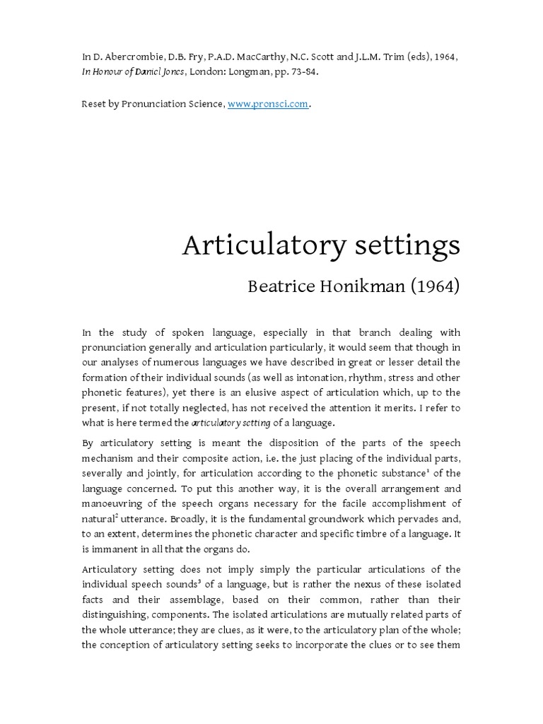 Articulatory Settings, Honikman (1964) | PDF | Phonetics | Consonant