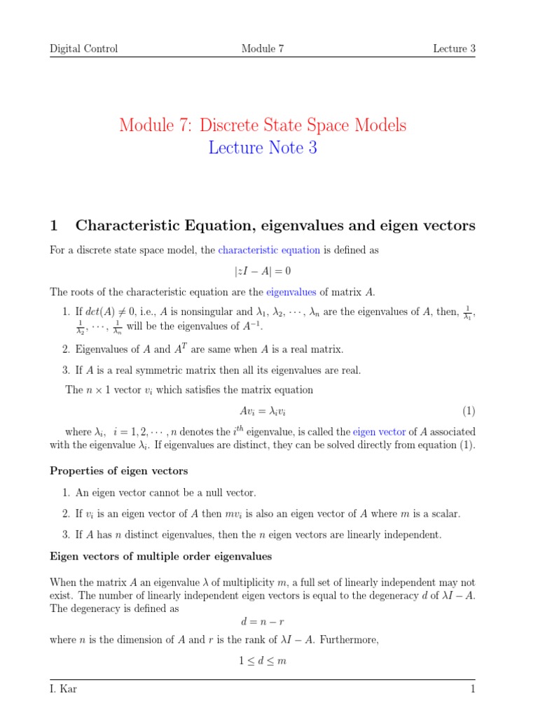 Module 7: Discrete State Space Models: Lecture Note 3 | Download Free PDF | Eigenvalues And ...