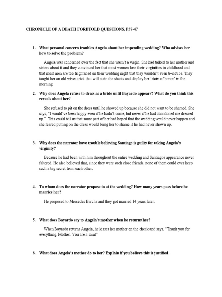 Chronicle of A Death Foretold by Gabriel Garcia Marquez Questions | PDF