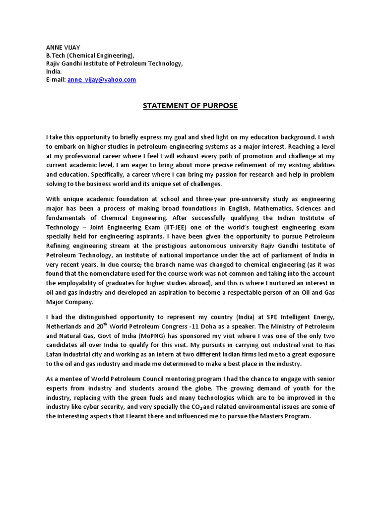 Statement of Purpose | Engineering | Petroleum