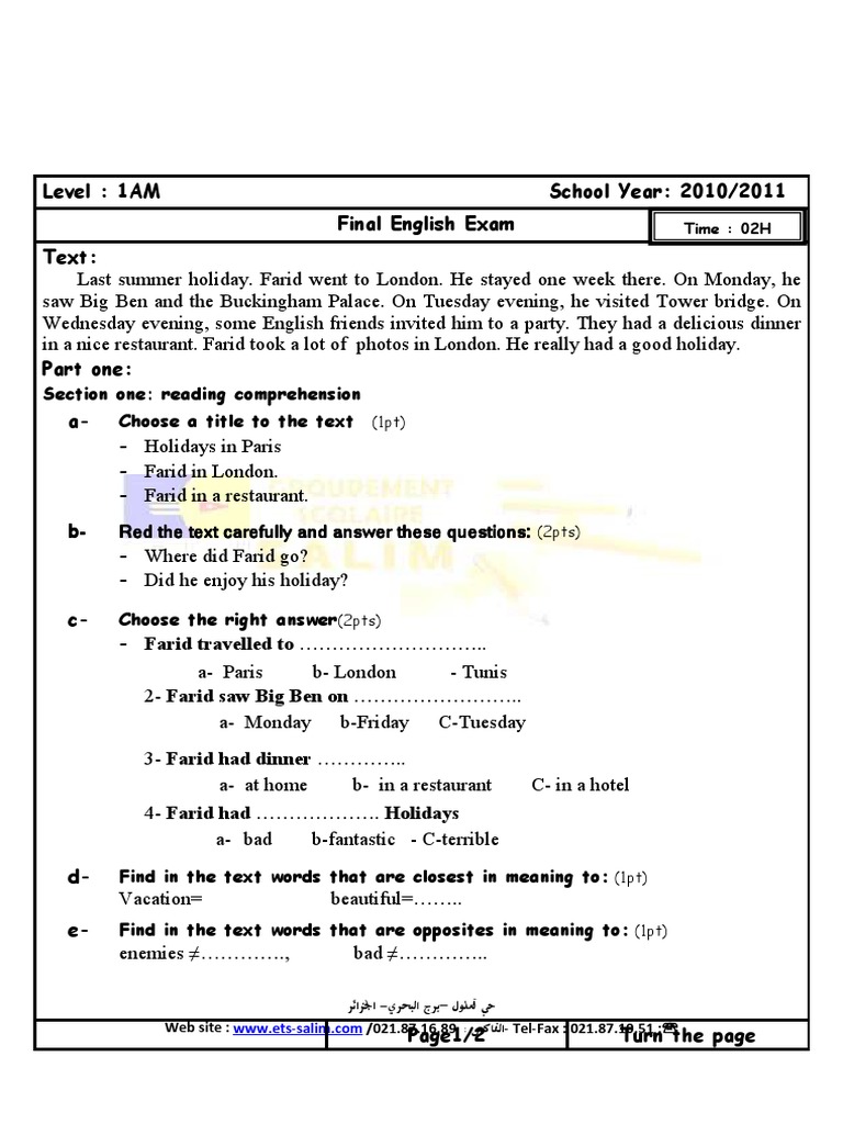 Examen Du 3e Trimestre 1AM Anglais | PDF | Leisure | Entertainment (General)