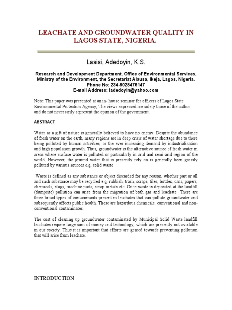 Groundwater Pollution from Leachate in Lagos | PDF | Aquifer | Groundwater