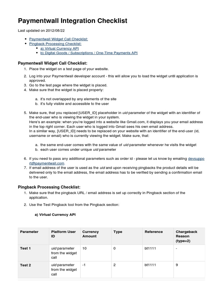 Paymentwall Integration Checklist | PDF | Email | Email Address