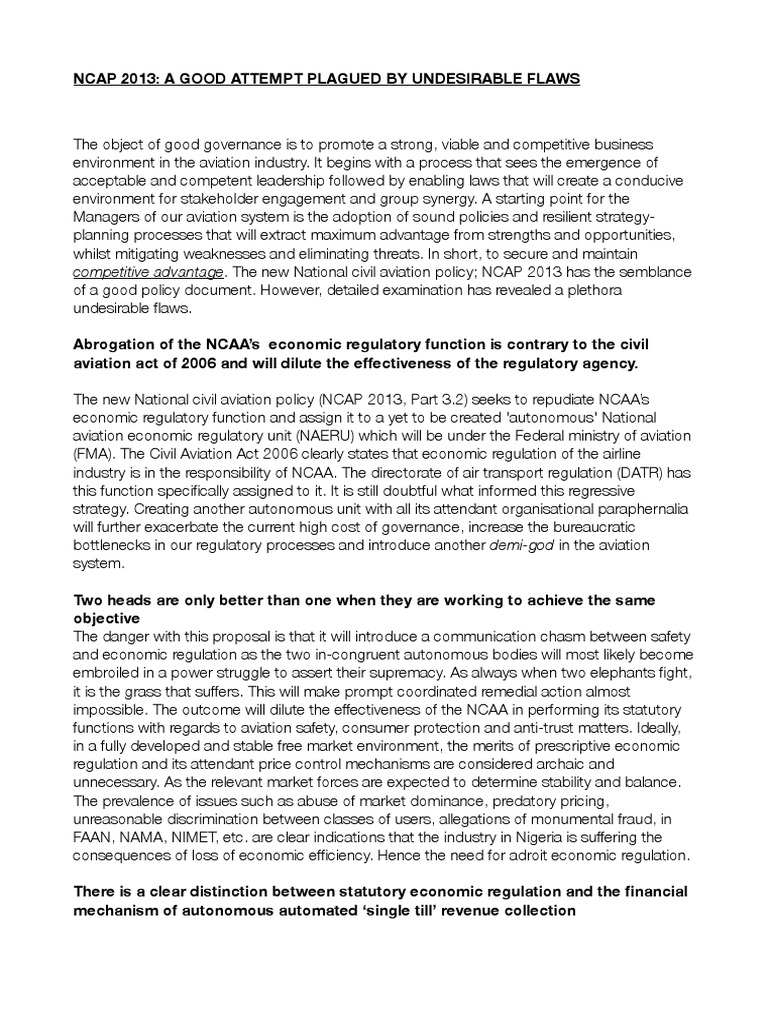 Nigeria Civil Aviation Policy (NCAP) 2013: Tampering With NCAA's Safety ...