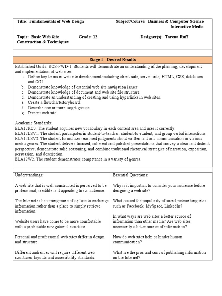 Web Design Lesson Plan | Websites | Web Page