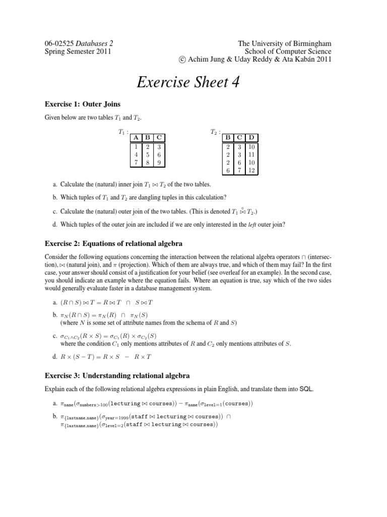 Relational Algebra Exercises Relational Model Data Management