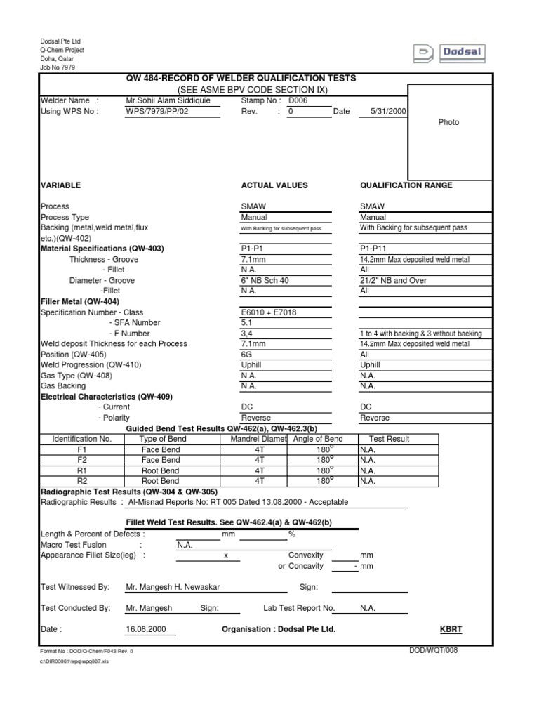QW 484-Record of Welder Qualification Tests: (See Asme BPV Code Section ...