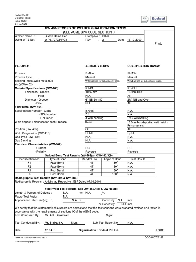 QW 484-Record of Welder Qualification Tests: (See Asme BPV Code Section ...