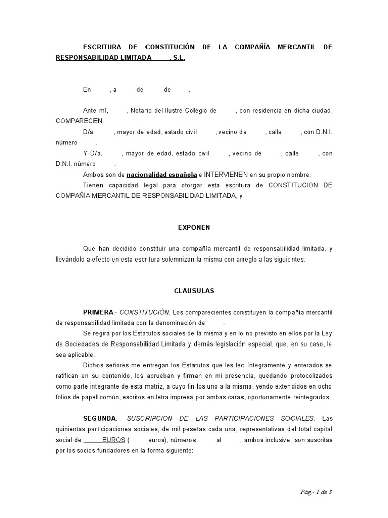 Plantilla - Escritura de Constitucion de Sociedad Limitada | PDF | Derecho Civil (Common Law ...