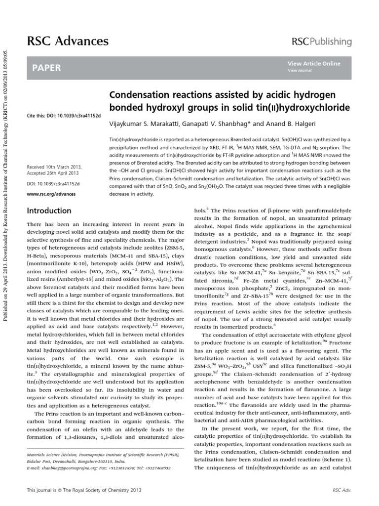 Tin(II) Hydroxychloride as Catalyst | PDF | Tin | Catalysis