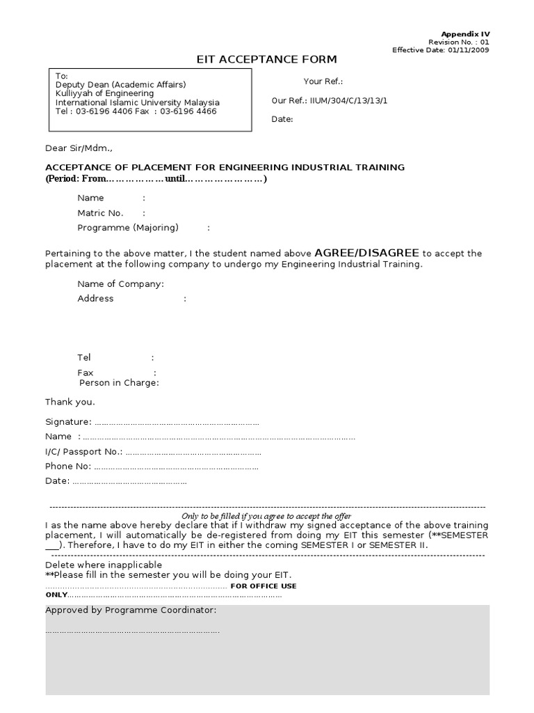 Eit Acceptance Form: (Period: From Until ) | PDF