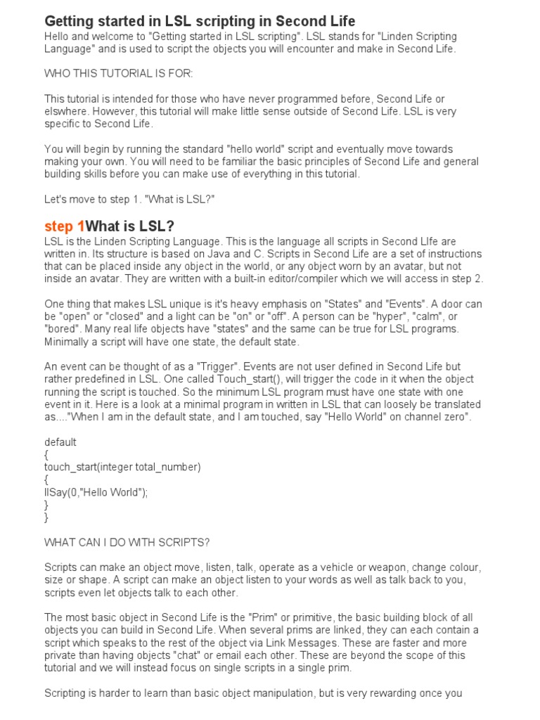 Getting Started in LSL Scripting in Second Life | PDF | Second Life ...