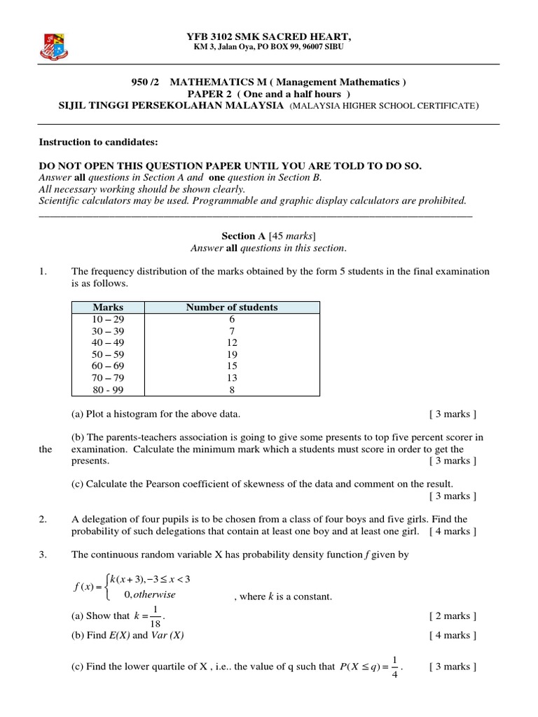 Sacred Heart Sibu 2013 M2 (Q) | PDF | Statistical Analysis | Teaching Mathematics