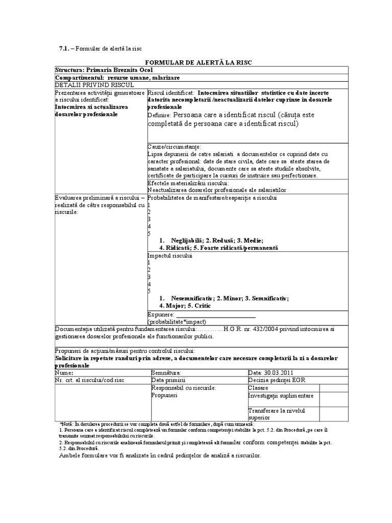 Formular Alerta Risc - Persoana I | PDF