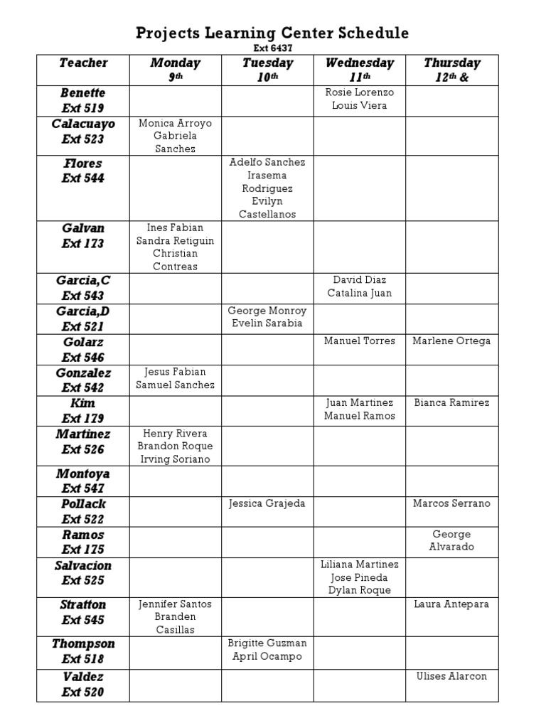 Projects Learning Center Weekly Schedule | PDF | Wellness