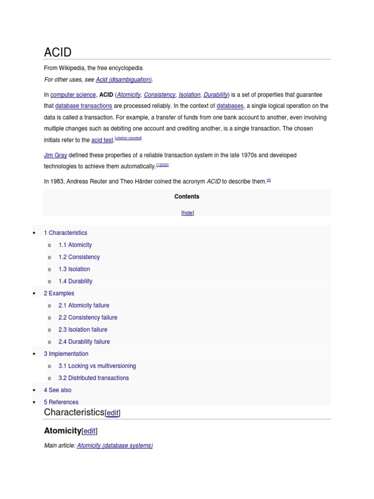 Characteristics: Acid (Disambiguation) Atomicity Consistency Isolation Durability | PDF | Acid ...