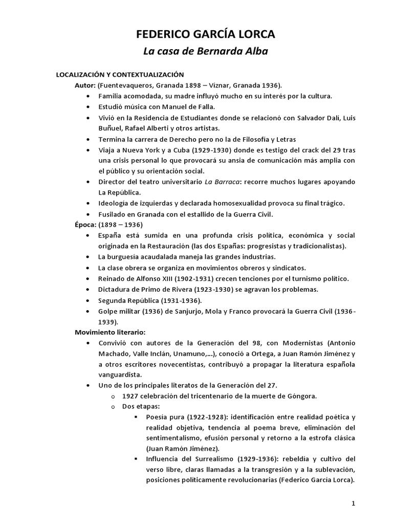 Esquema de La Casa de Bernarda Alba de Federíco de García Lorca | PDF | Federico García Lorca ...