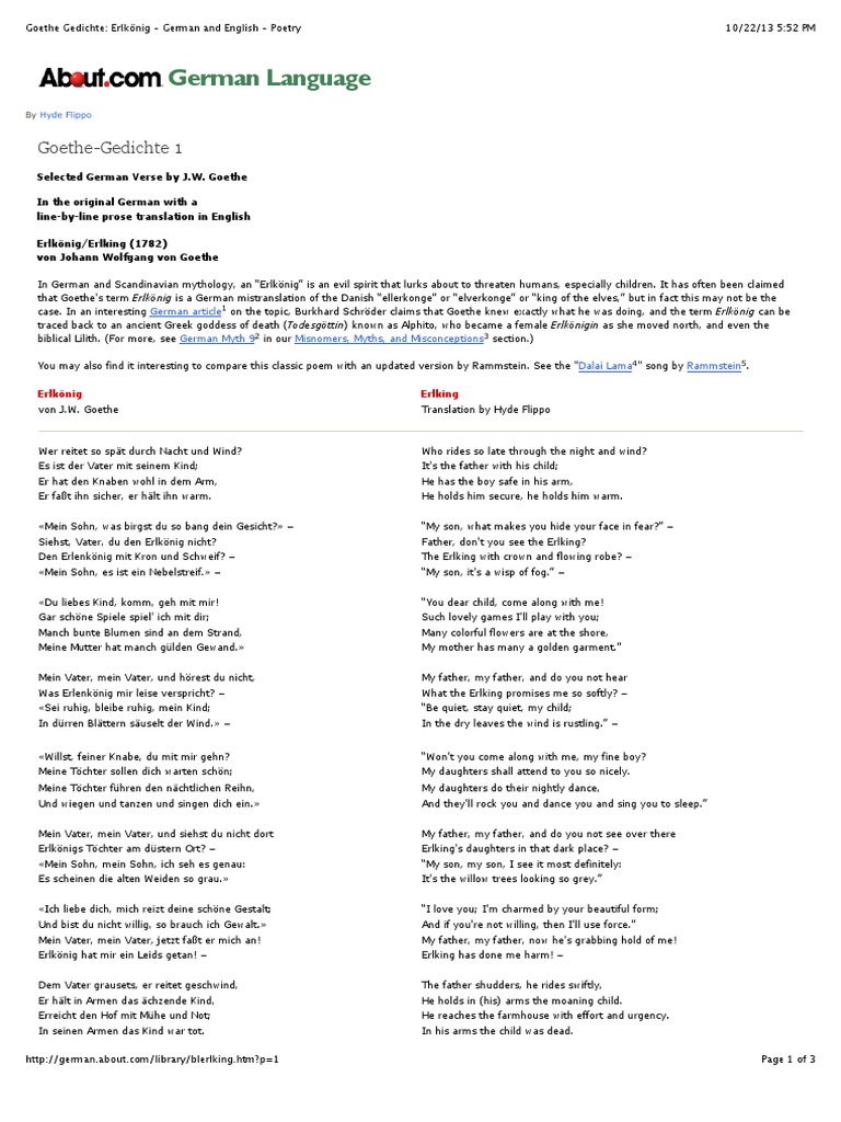 Goethe Gedichte: Erlkönig - German and English - Poetry | PDF