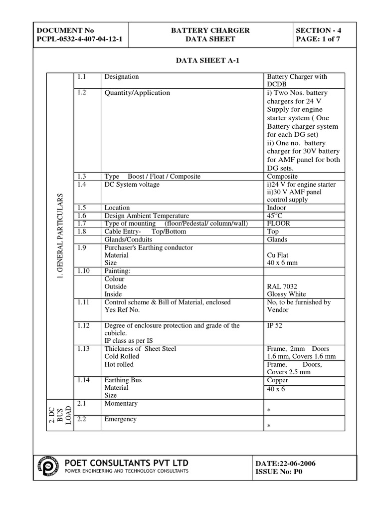 Document No PCPL-0532-4-407-04-12-1 Battery Charger Data Sheet Section ...