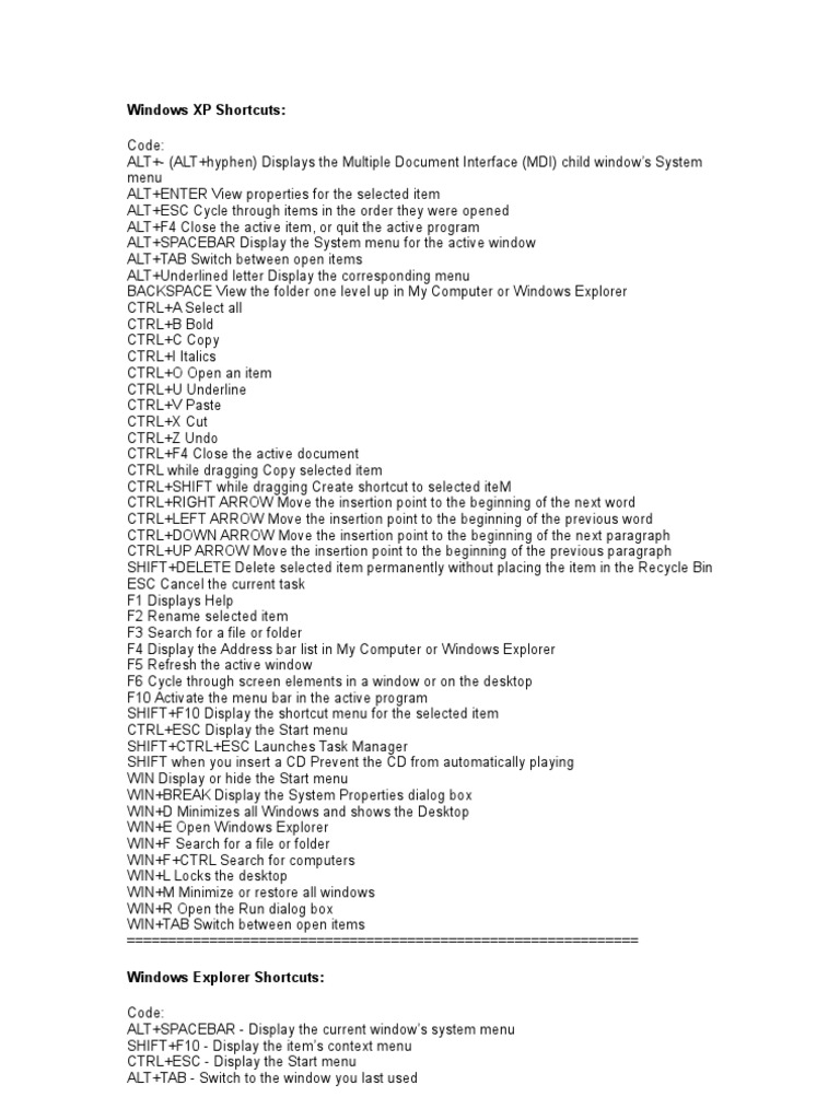 Windows XP Keyboard Shortcuts 1 | PDF