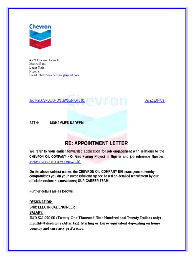 Chevron Nigeria Appointment Letter | PDF | Business