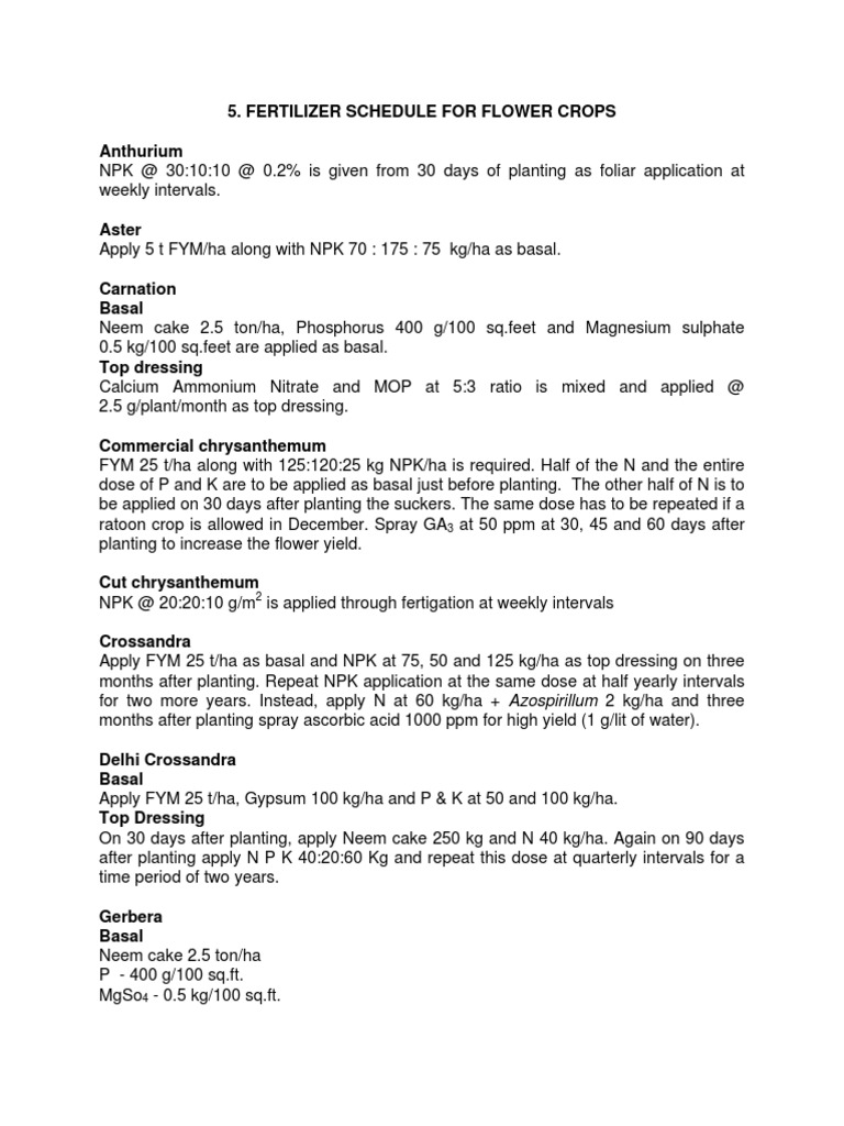 Fertilizer Schedule For Flower Crops | PDF | Fertilizer | Horticulture ...