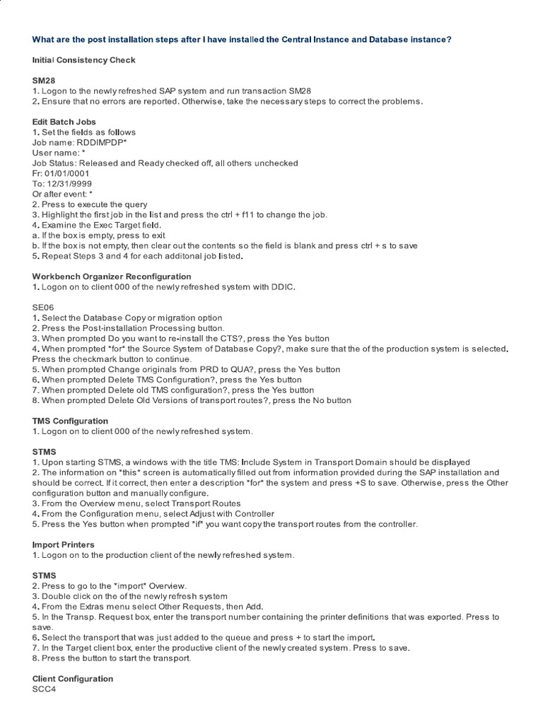 SAP Post Installation Steps | PDF