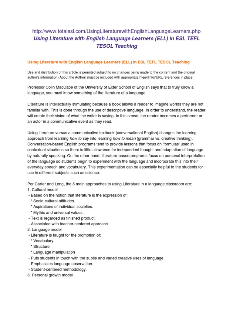 Using Literature With English Language Learners (ELL) in ESL TEFL TESOL ...