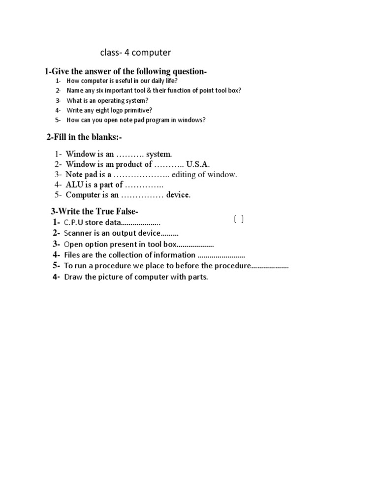 Class-4 Computer: 1-Give The Answer of The Following Question | PDF ...