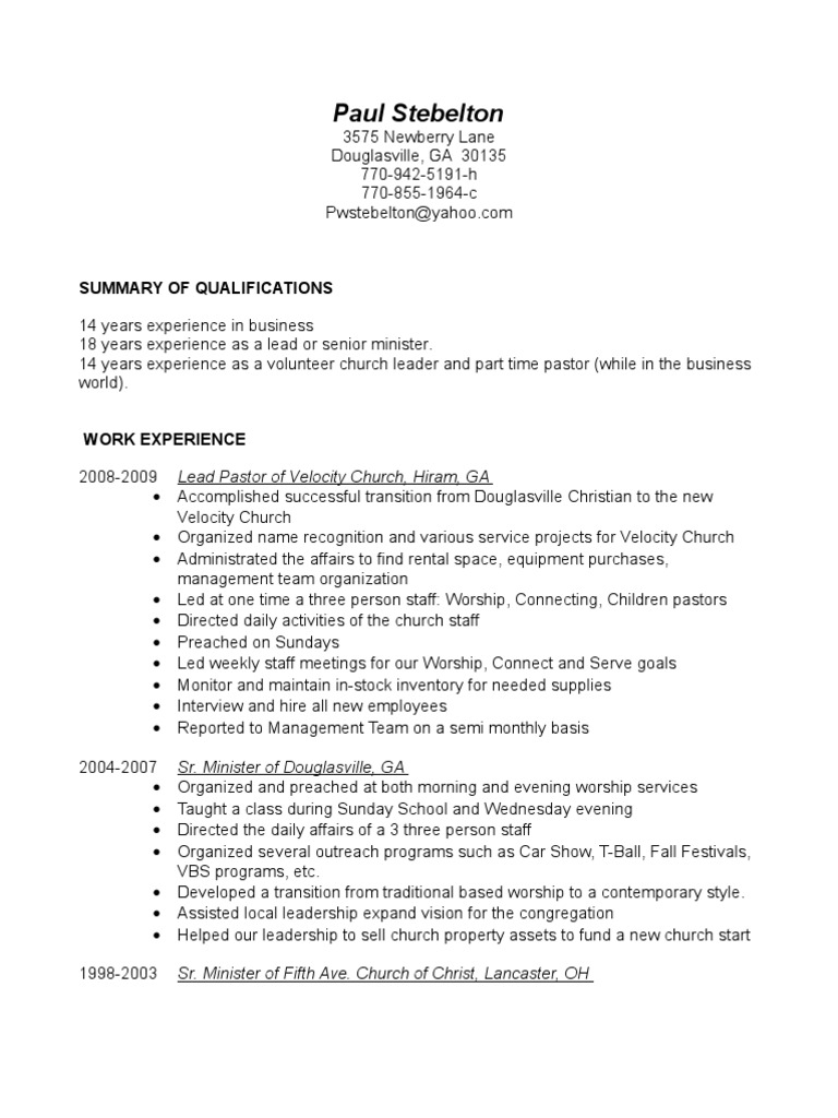 Paul's Resume | PDF | Church (Building) | Protestant Denominational ...