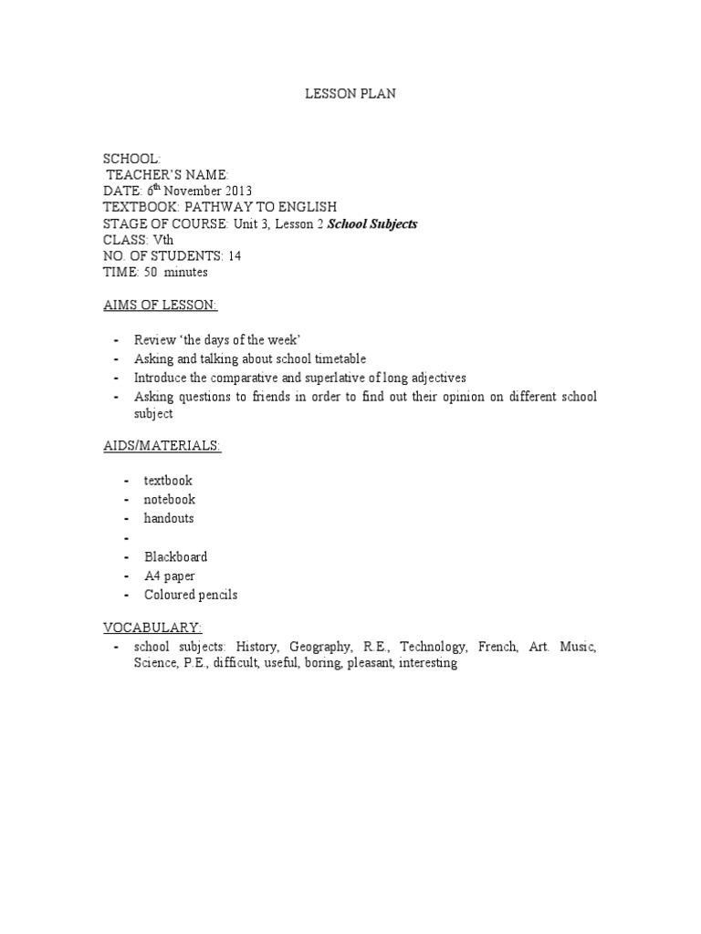 Lesson Plan: School Subjects in English | PDF | Foreign Language Studies