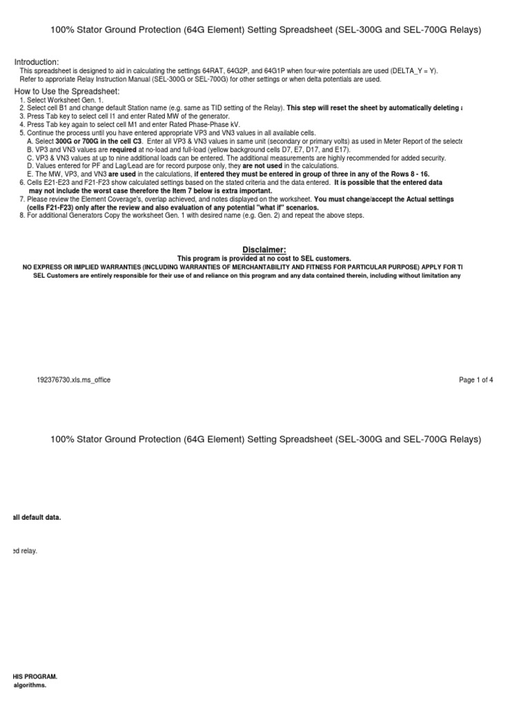 64G Element Settings for SEL Relays | PDF | Spreadsheet | Relay
