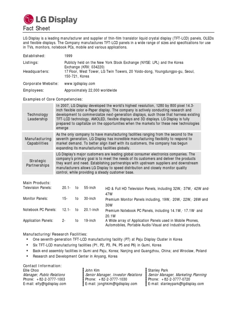 LG Display Corporate Fact Sheet | PDF | Thin Film Transistor Liquid ...