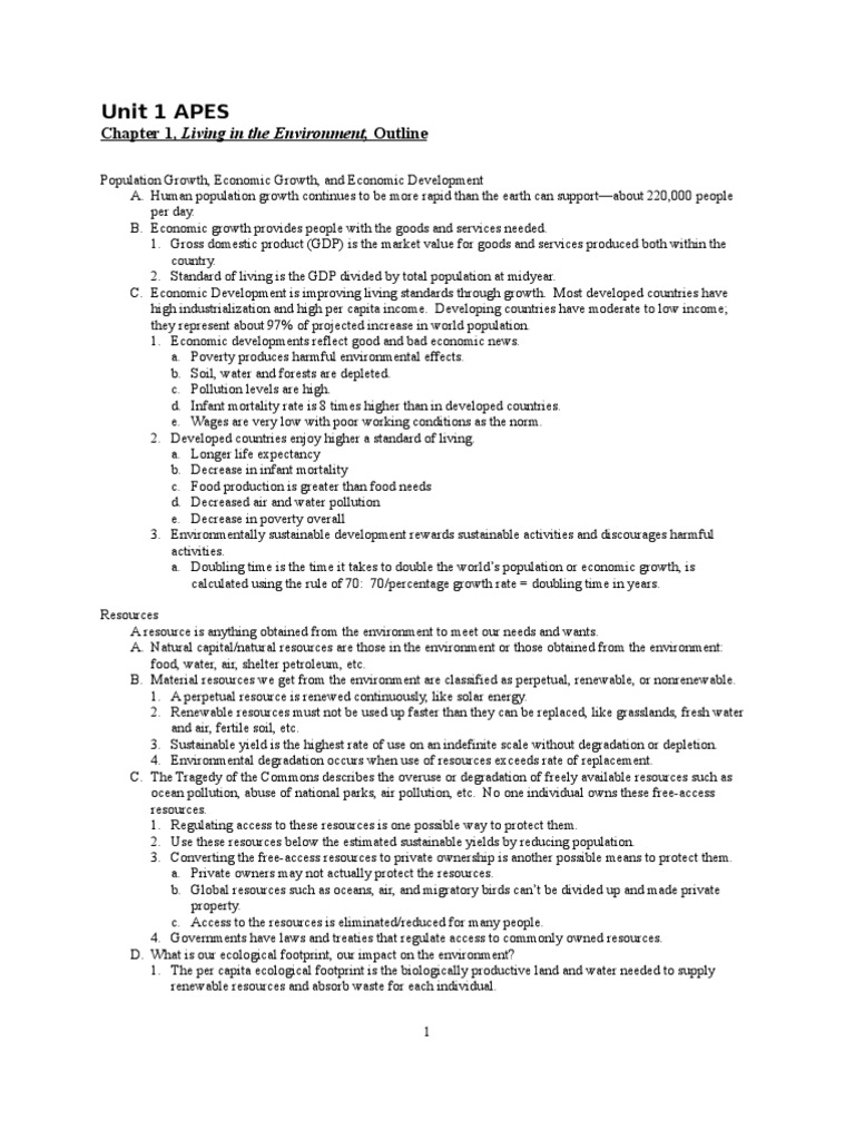 Unit 1 APES: Chapter 1, Living in The Environment, Outline | PDF | Ion ...